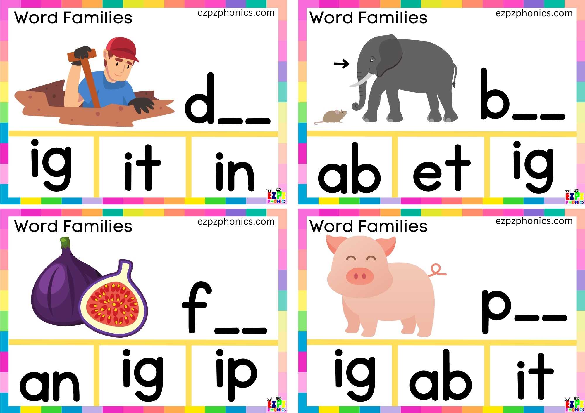 ig Word Family Finish the word and clip the correct letters group 1 - ezpzphonics.com